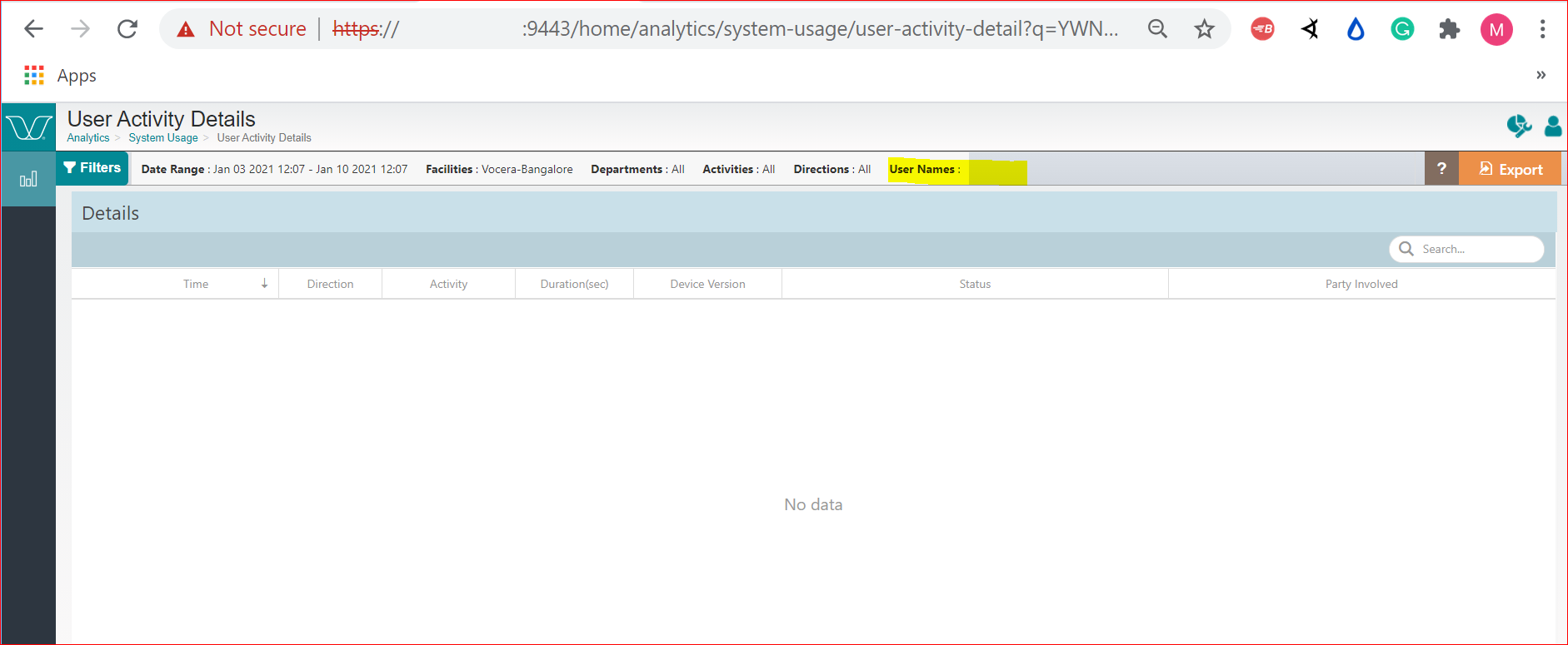 Vocera Analyics (VA) Action Bar Not Displaying Context Filters